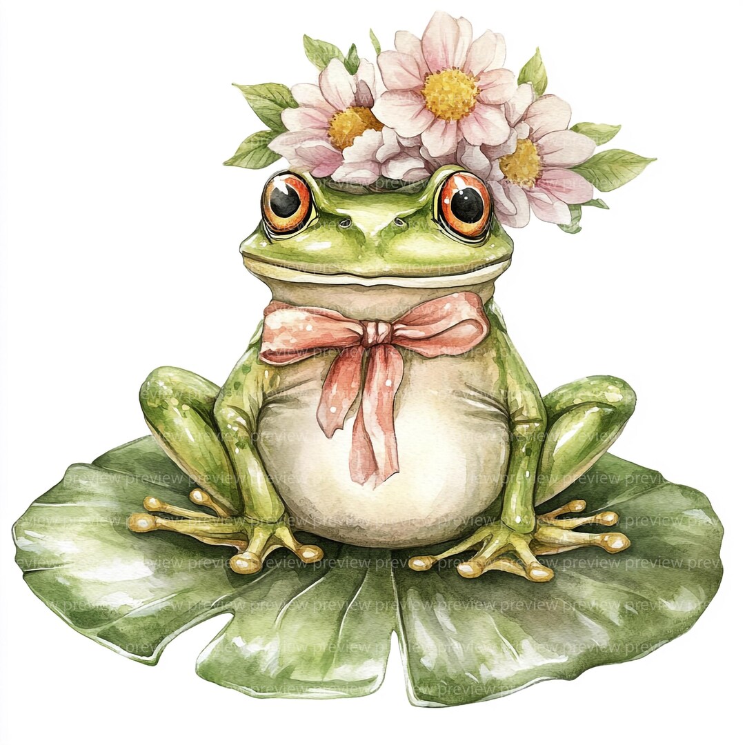 12 Green Frog Clipart, Frog in Lily Pad Clipart, Watercolor Clipart for ...