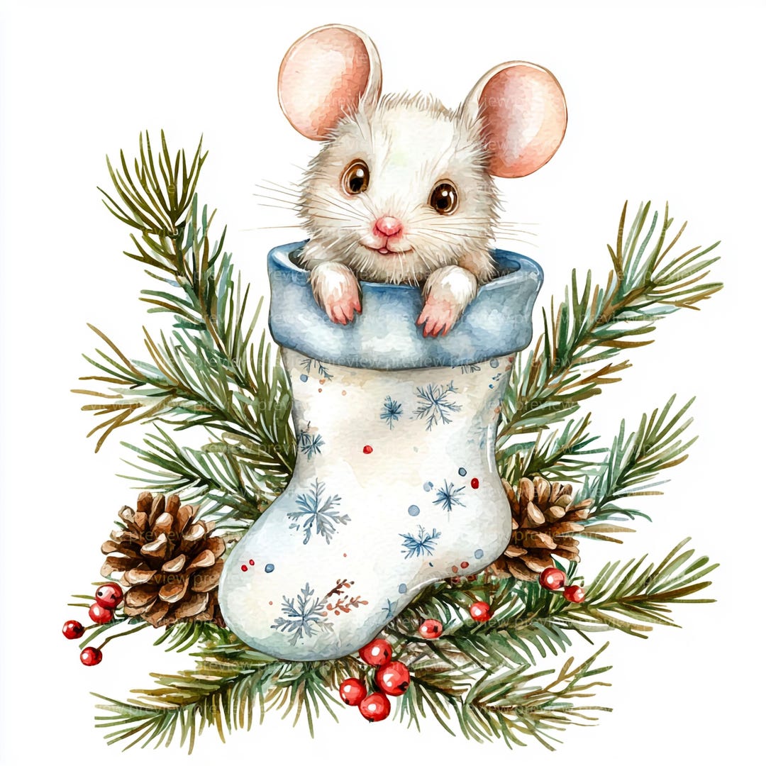16 Christmas Mouse Watercolor Clipart | Holiday Stocking Art (jpgs ...