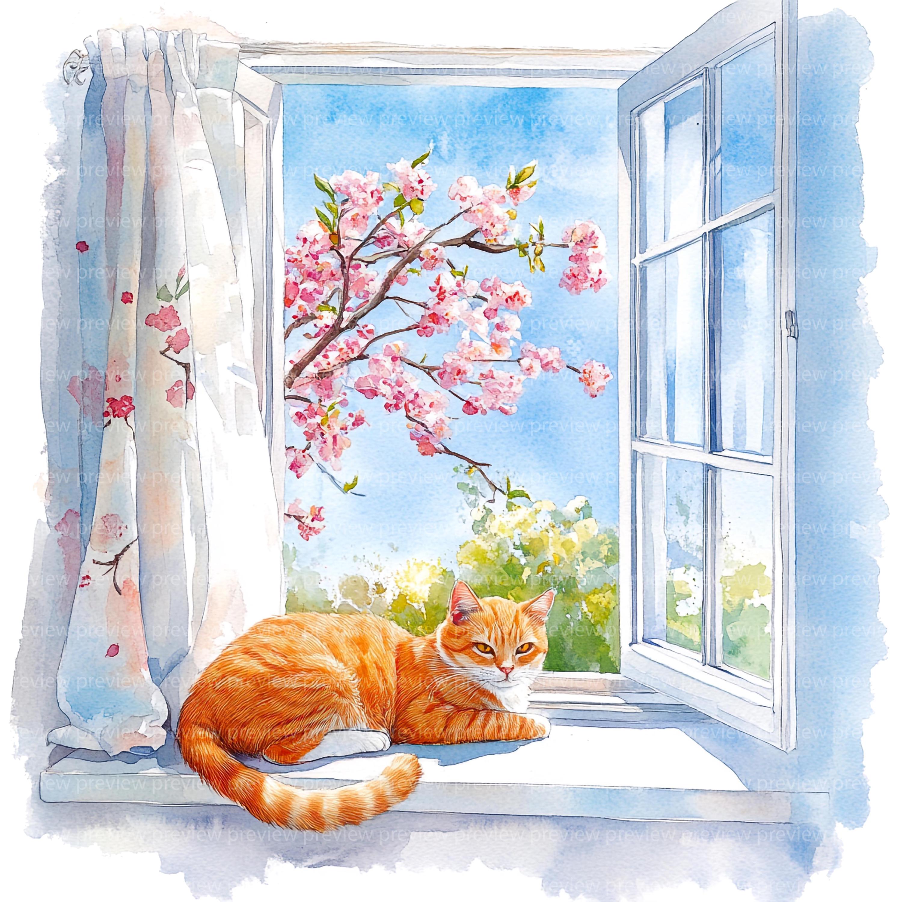 20 Spring Window Cat Clipart JPG | Kitten Window Scene Art | Watercolor ...