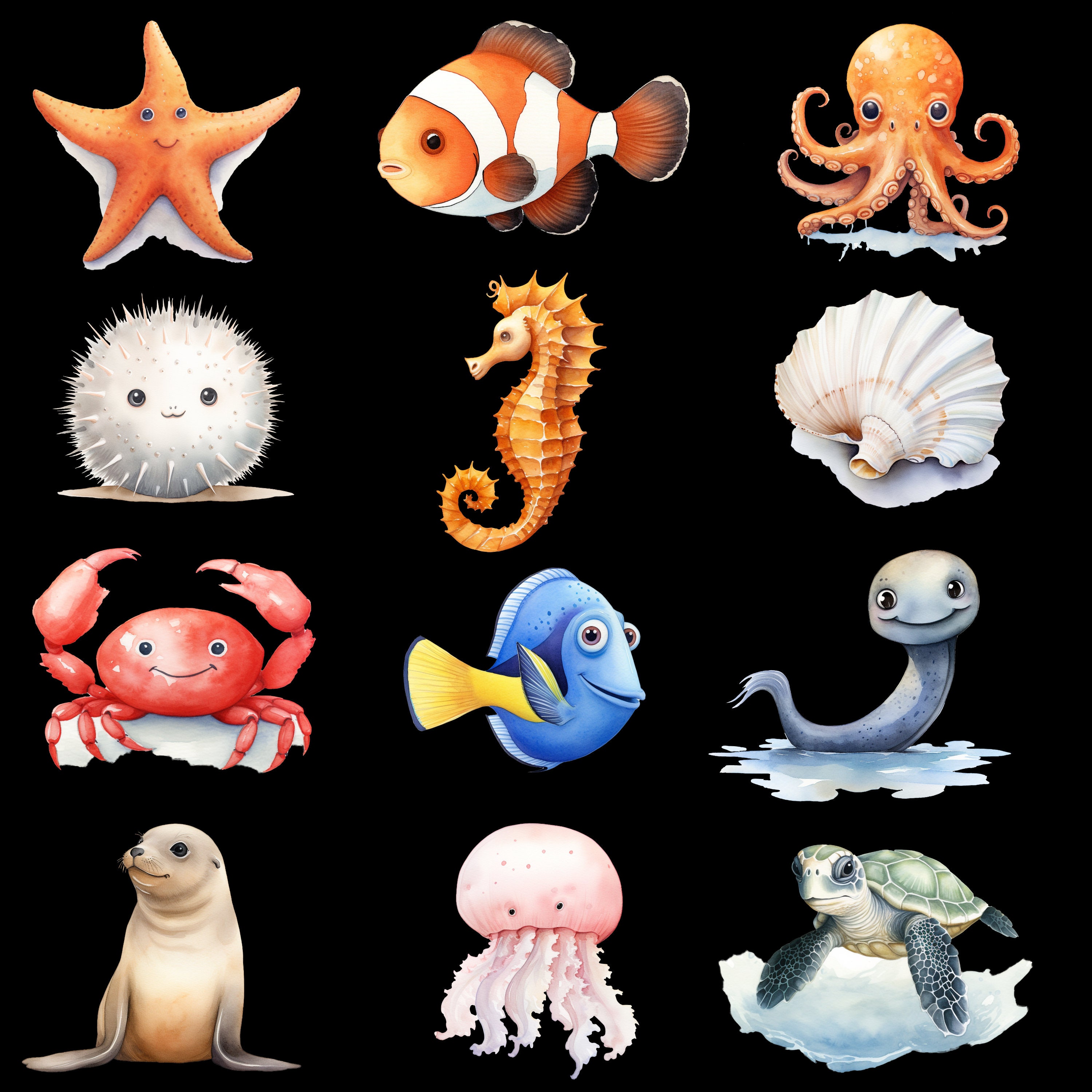 Sea Animals Watercolor Clipart, Cute Sea Animals Clipart, Sea Life ...
