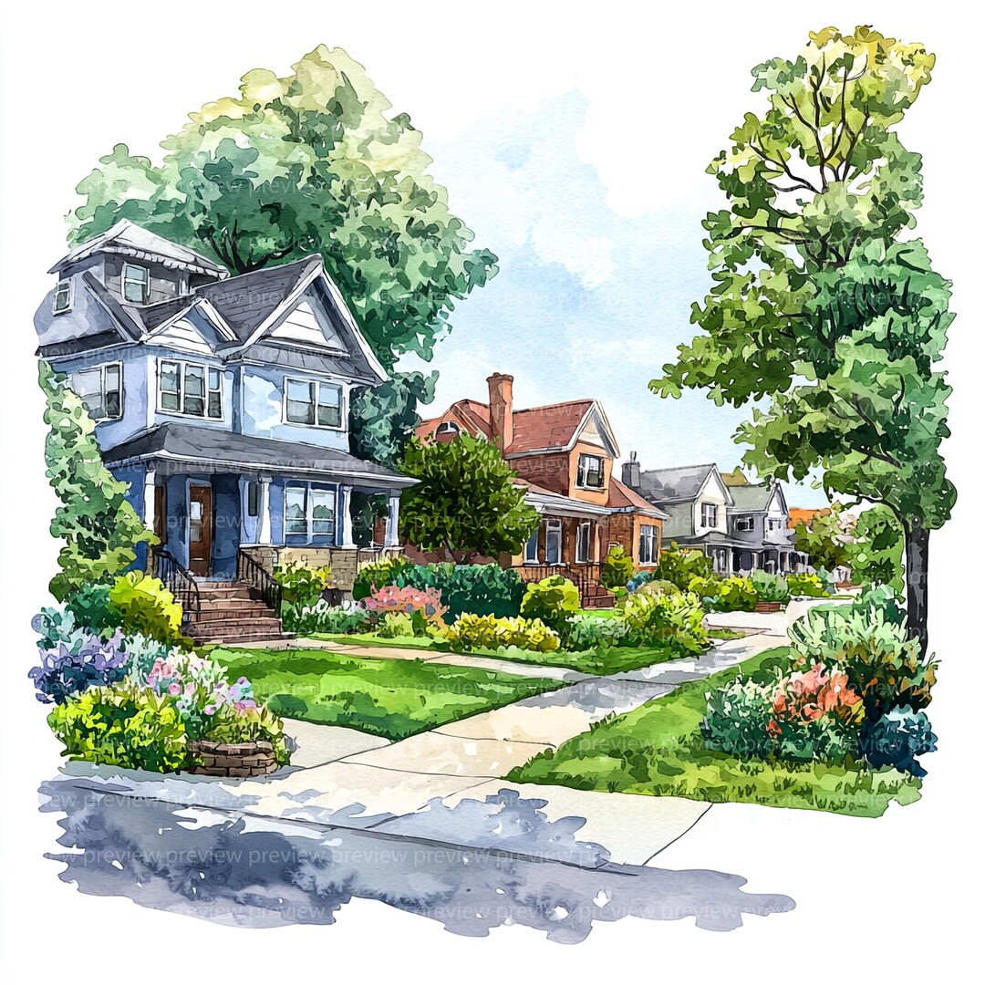 12 Watercolor Suburban Clipart | Beautiful Neighborhood Estate | Cozy ...