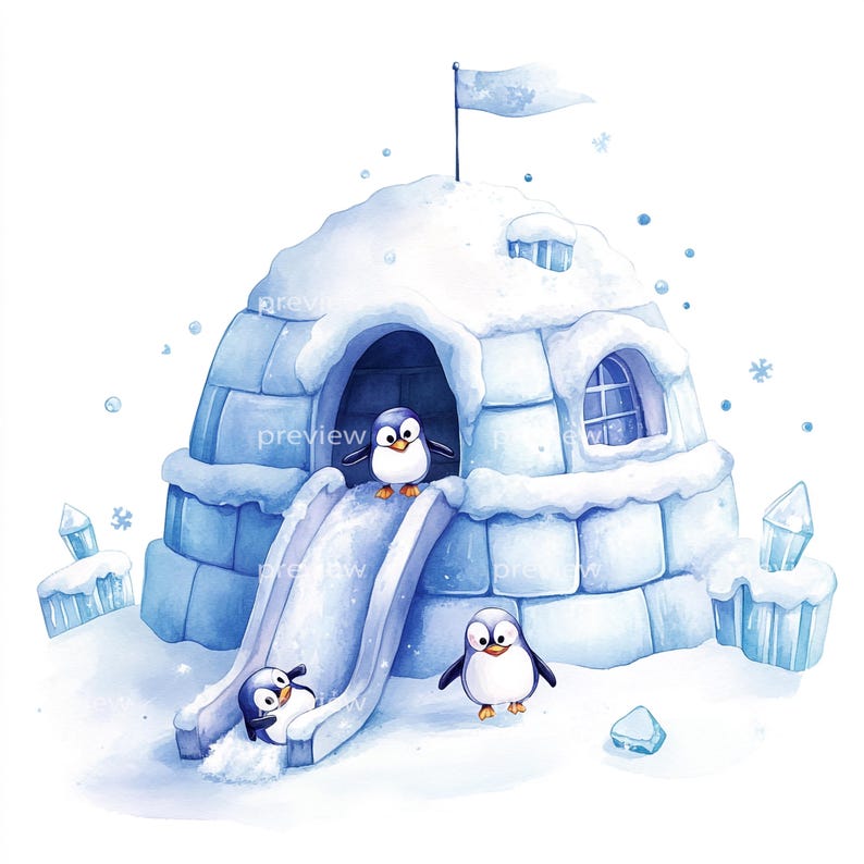 20 Watercolor Penguin Igloo Clipart | Winter Animal Art | Winter ...