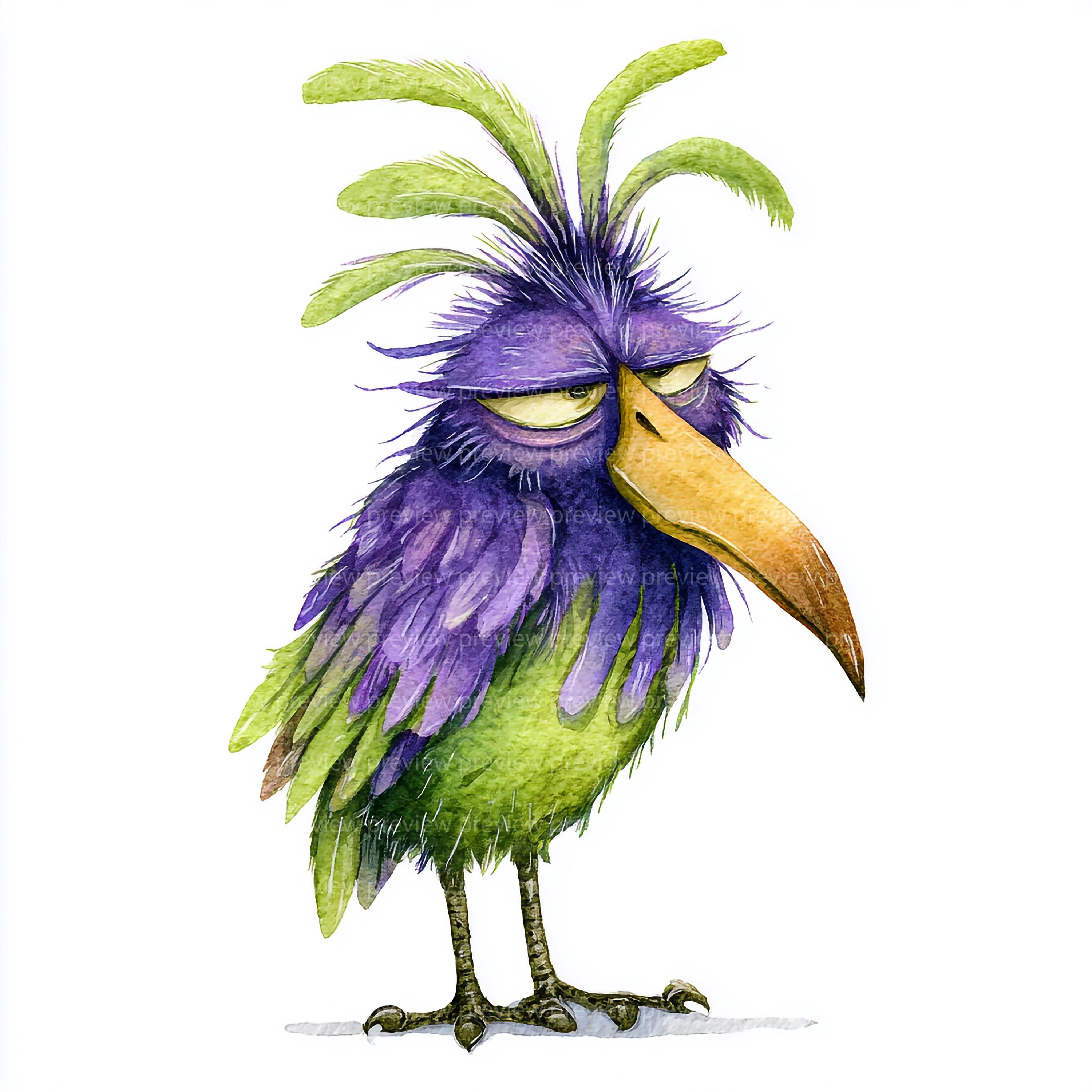 Sleepy Bird Clipart: Quirky Bird and Whimsical Watercolor (12 Jpgs ...