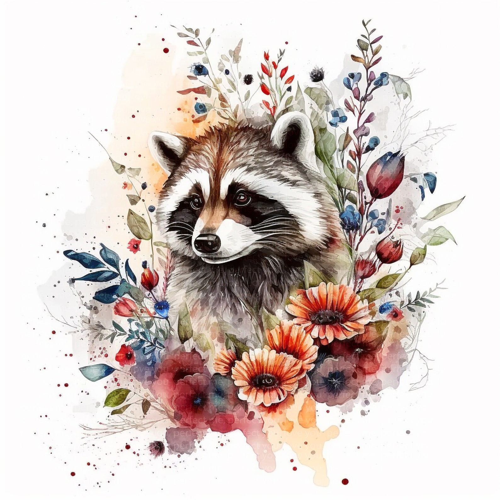 12 Floral Raccoon Watercolor Clipart | Whimsical Animal Art | Forest ...