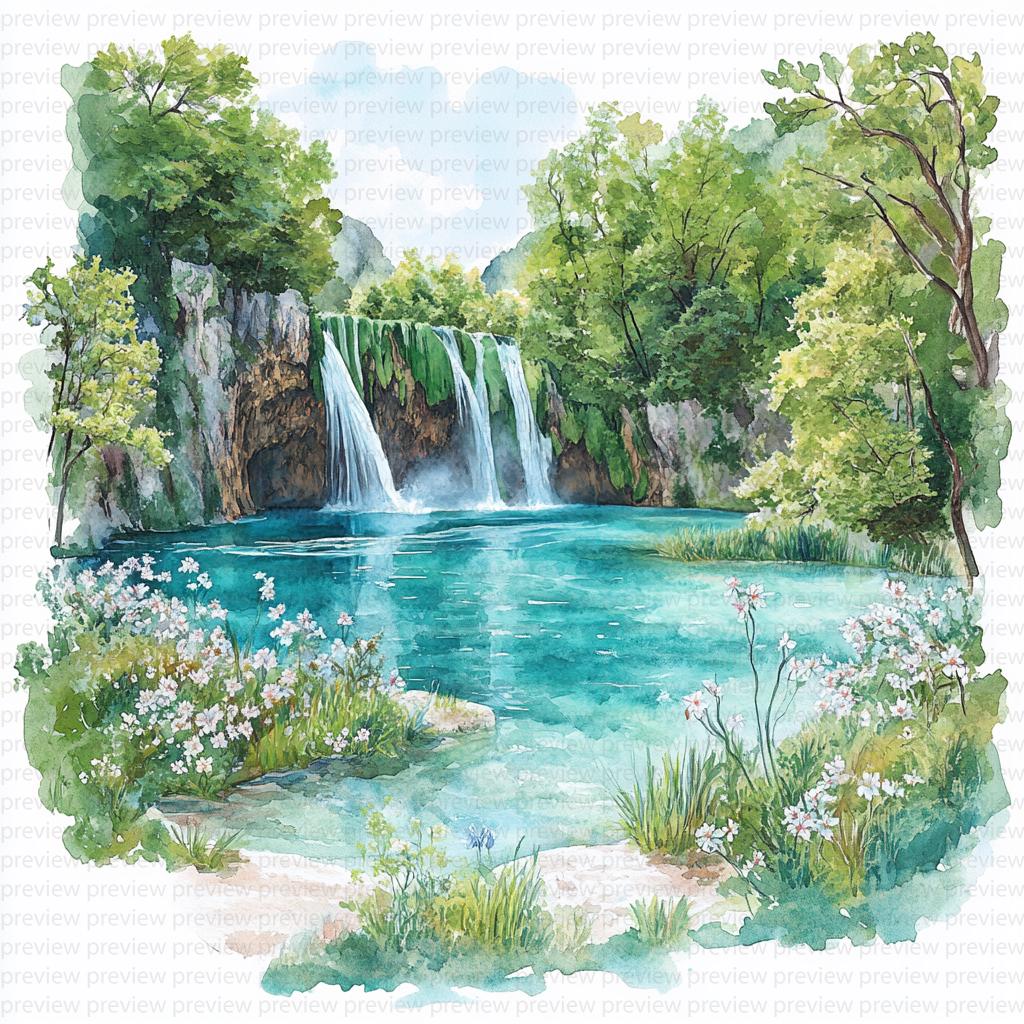 Watercolor Waterfall Clipart: Spring Landscape (12 Jpgs, Digital ...