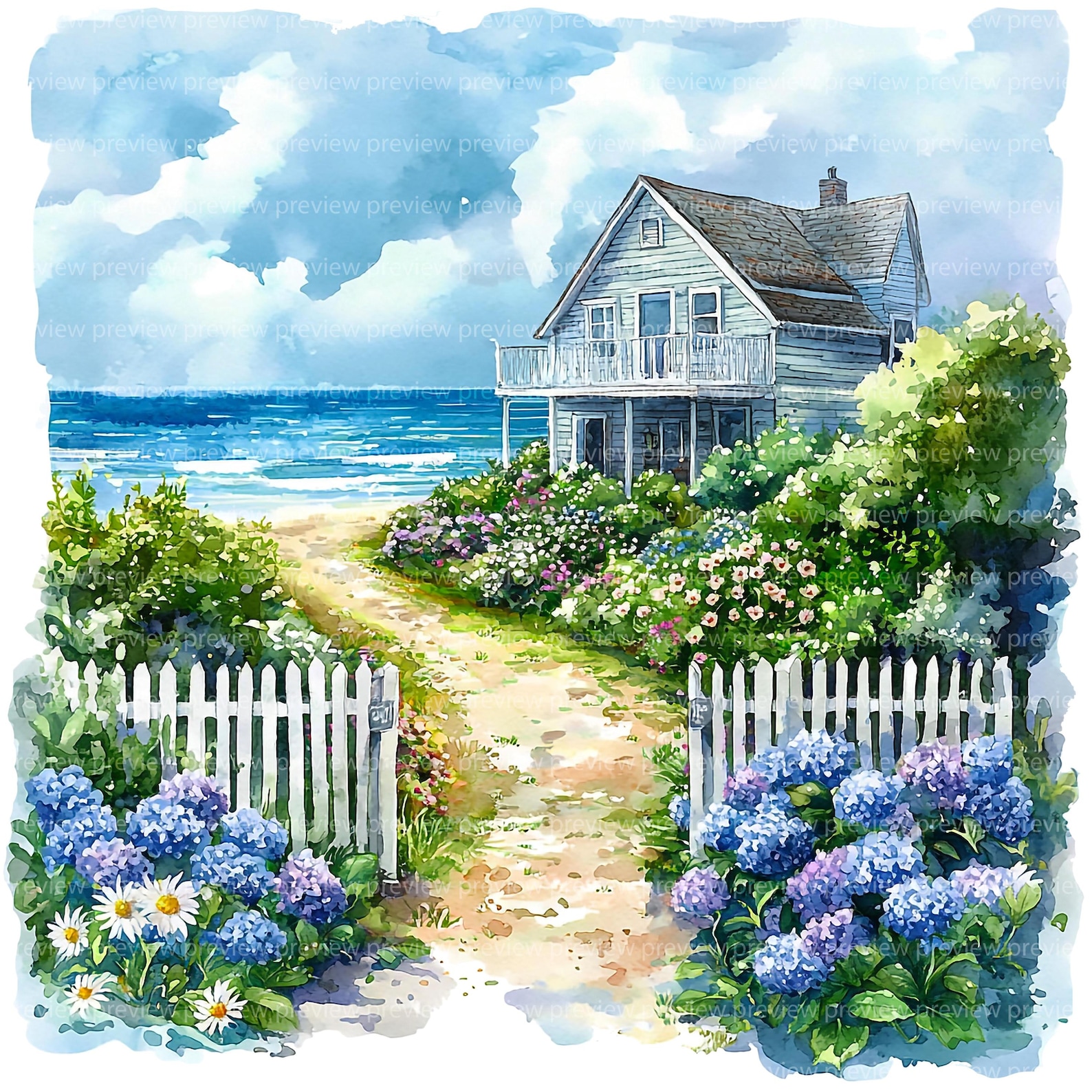 12 Oceanside Cottage Clipart | Hydrangea Seaside House Art | Coastal ...