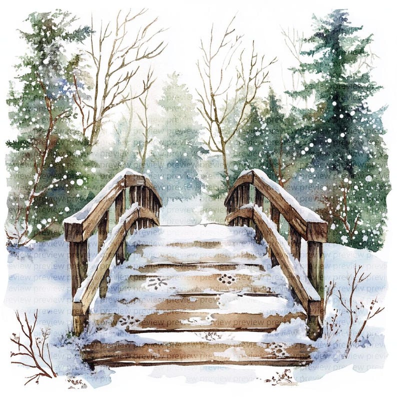 Watercolor Snow-covered Bridge Clipart 16 High Resolution Jpgs for ...