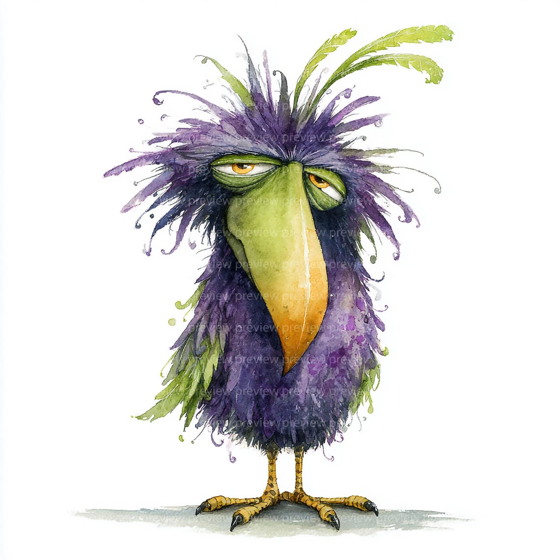 Sleepy Bird Clipart: Quirky Bird and Whimsical Watercolor (12 Jpgs ...