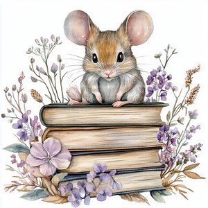 12 Mouse With Books Clipart, Floral Book Clipart, Watercolor Clipart ...