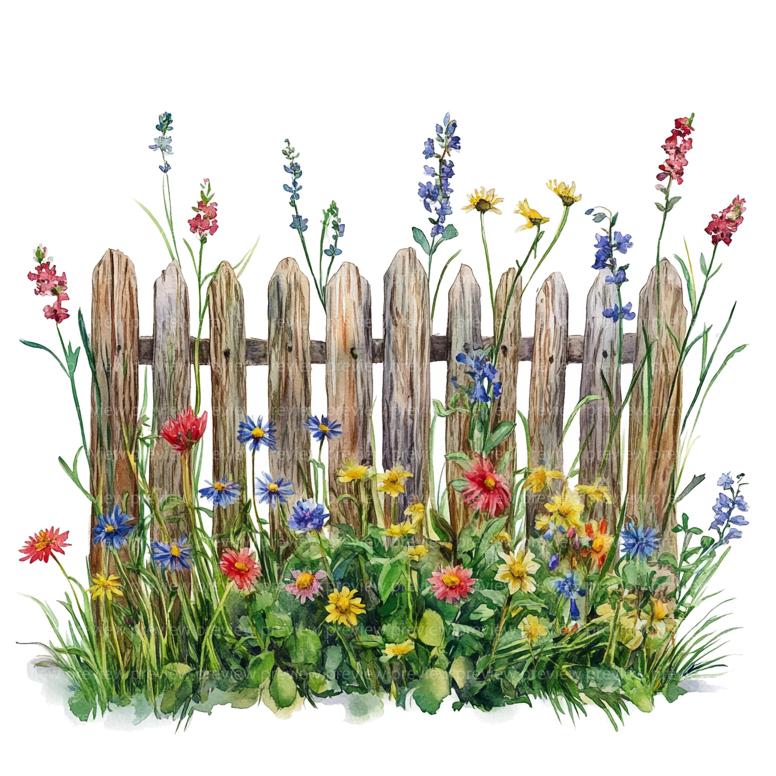 20 Spring Fence Clipart JPG | Garden Floral Watercolor Art | Rustic ...