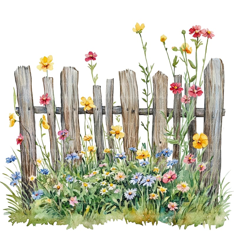 20 Spring Fence Clipart JPG | Garden Floral Watercolor Art | Rustic ...
