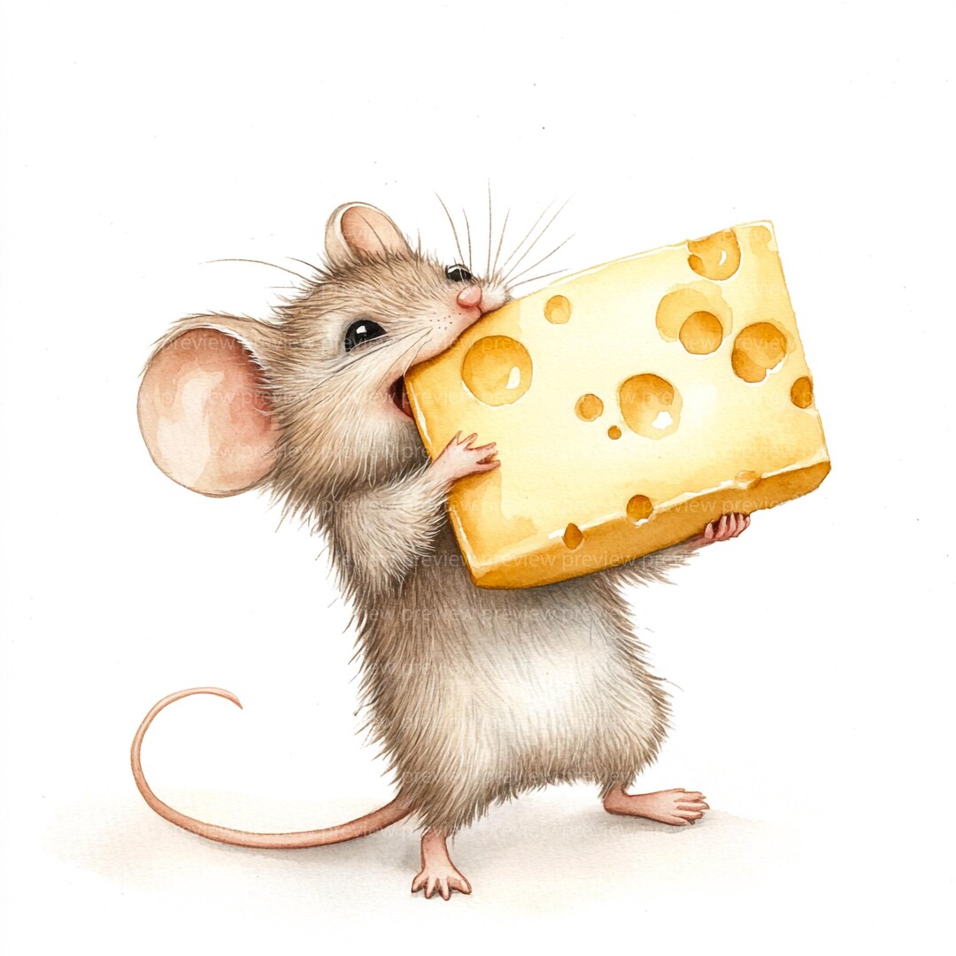 20 Quirky Mouse Clipart | Happy Rodent With Cheese Watercolor ...