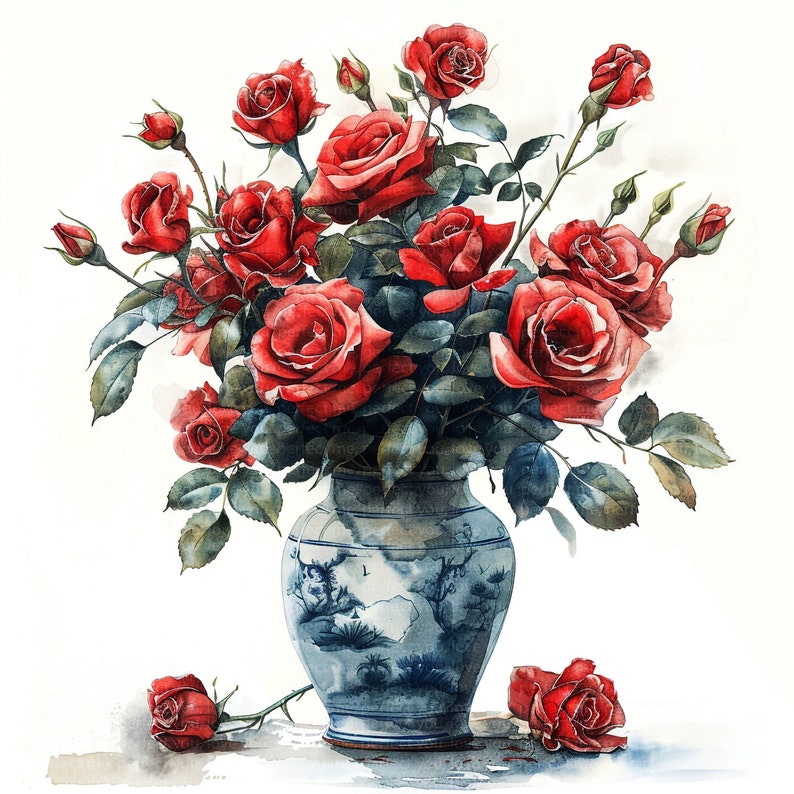 12 Red Roses in Vase Clipart, Red Roses Bouquet, Rose Clipart, High ...