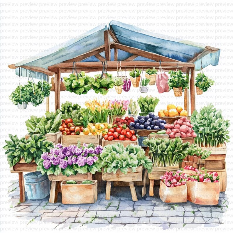Farmers Market Watercolor Clipart: Grocery Art (12 Jpgs, Digital ...