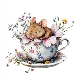 12 Cute Mouse in Teacup Clipart, Flower Tea Cup, Floral Mouse, Sleeping ...