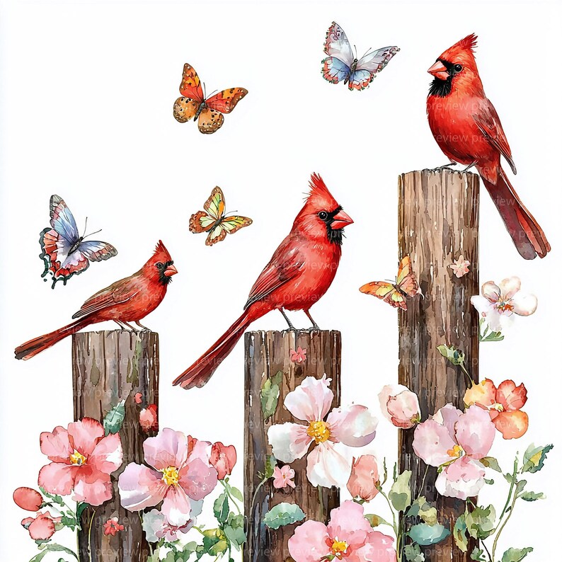 Watercolor Cardinals and Butterflies Clipart: Floral Bird Art (12 Jpgs ...