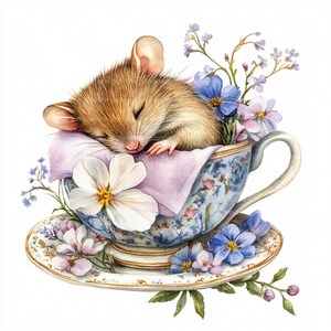 12 Cute Mouse in Teacup Clipart, Flower Tea Cup, Floral Mouse, Sleeping ...