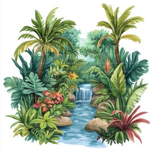 12 Tropical Rainforest Clipart, Tropical Landscape Watercolor Clipart ...