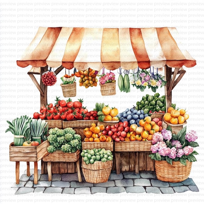 Farmers Market Watercolor Clipart: Grocery Art (12 Jpgs, Digital ...