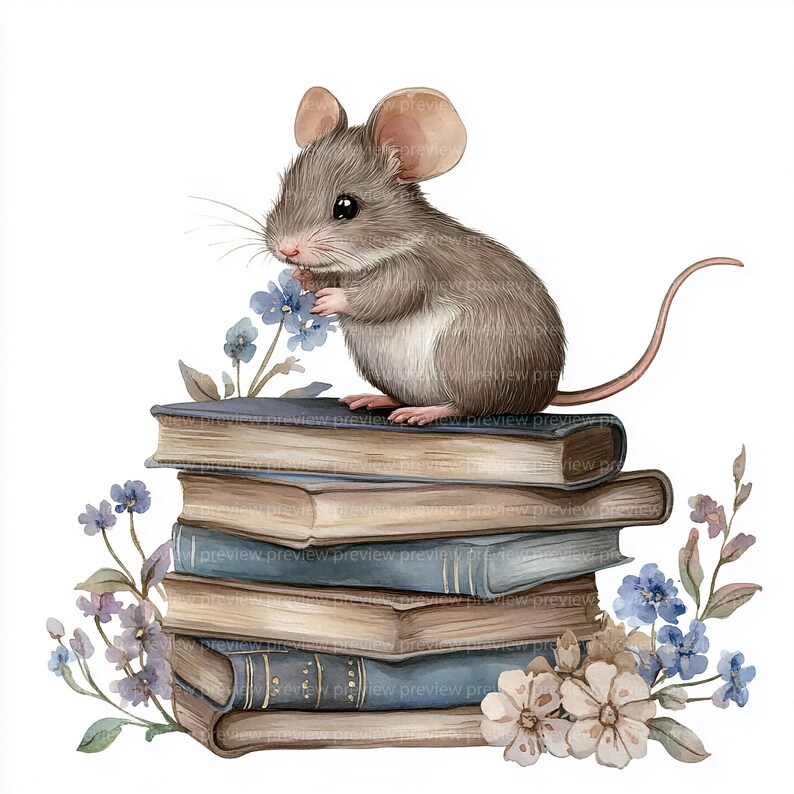 12 Mouse With Books Clipart, Floral Book Clipart, Watercolor Clipart ...