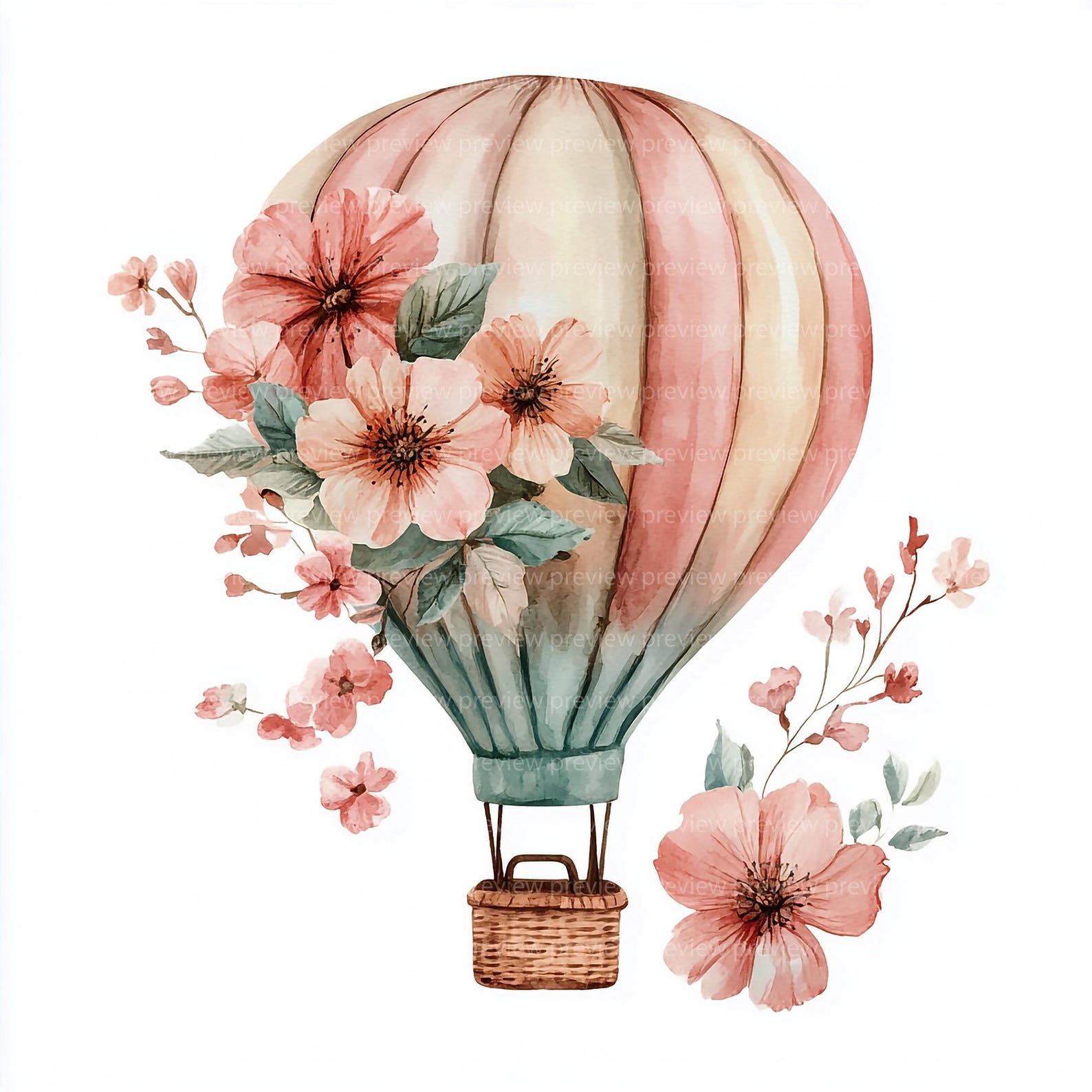 12 Floral Hot Air Balloon Clipart | Vintage Watercolor Style (jpgs ...