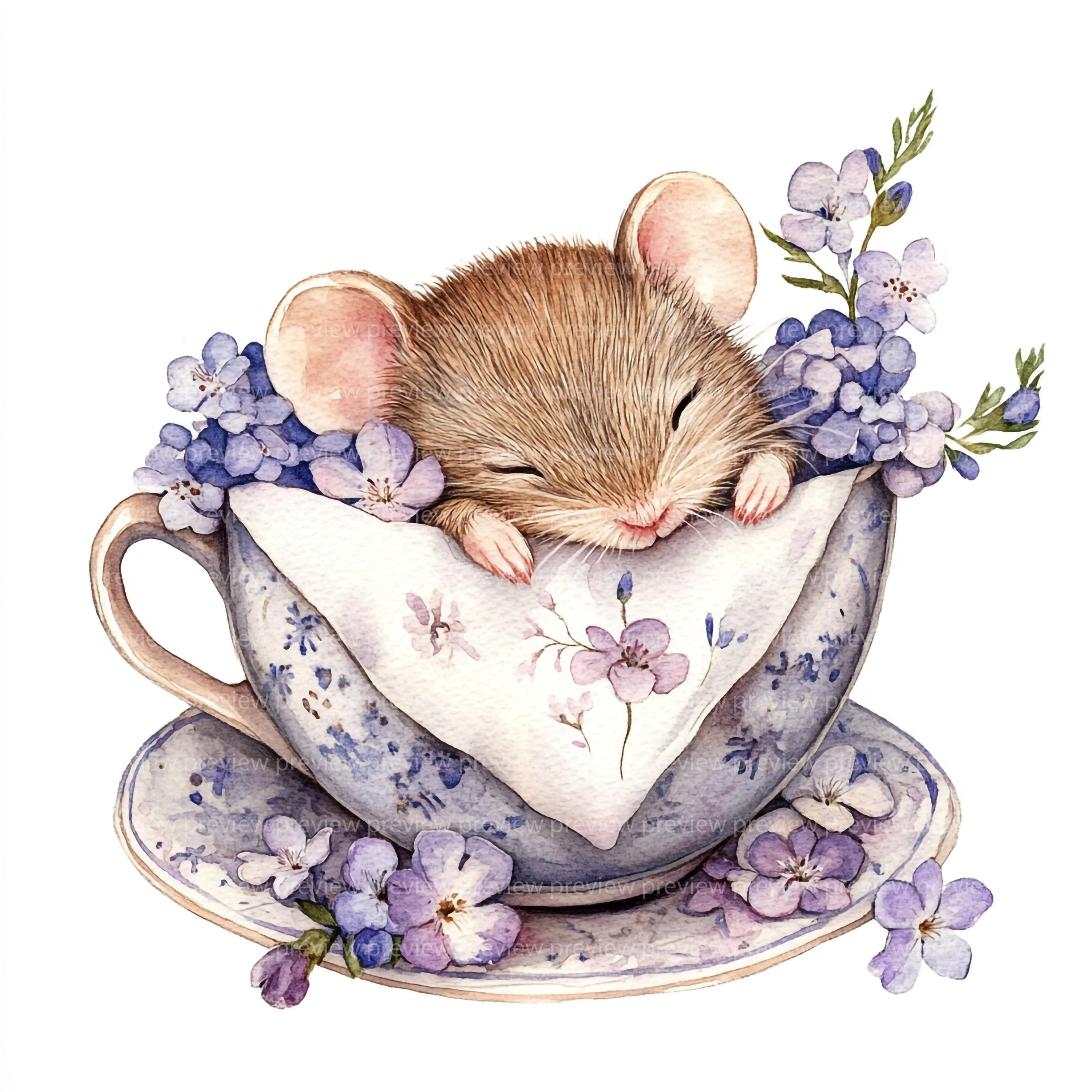 12 Cute Mouse in Teacup Clipart, Flower Tea Cup, Floral Mouse, Sleeping ...