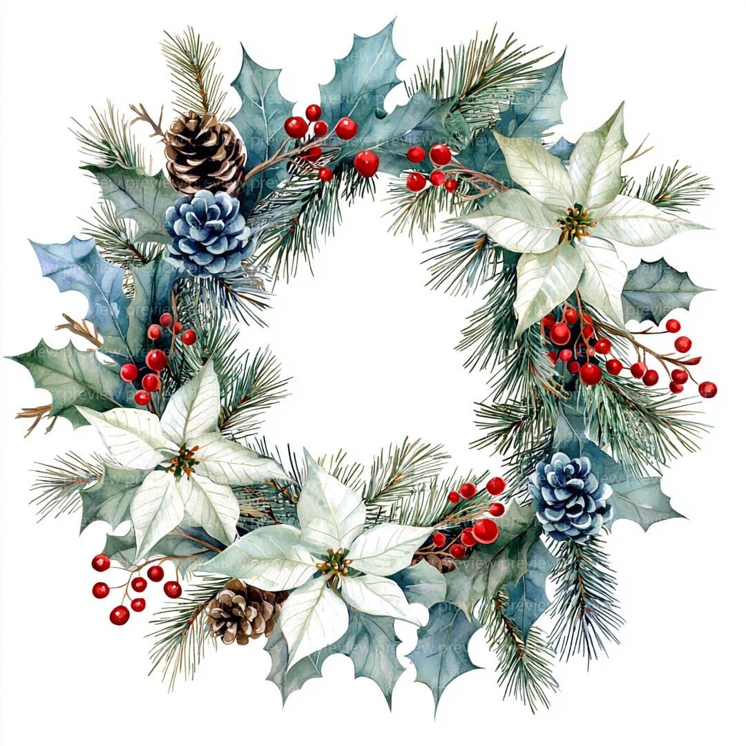 16 Winter Wreath Clipart | Holiday Greenery Watercolor Art (jpgs ...