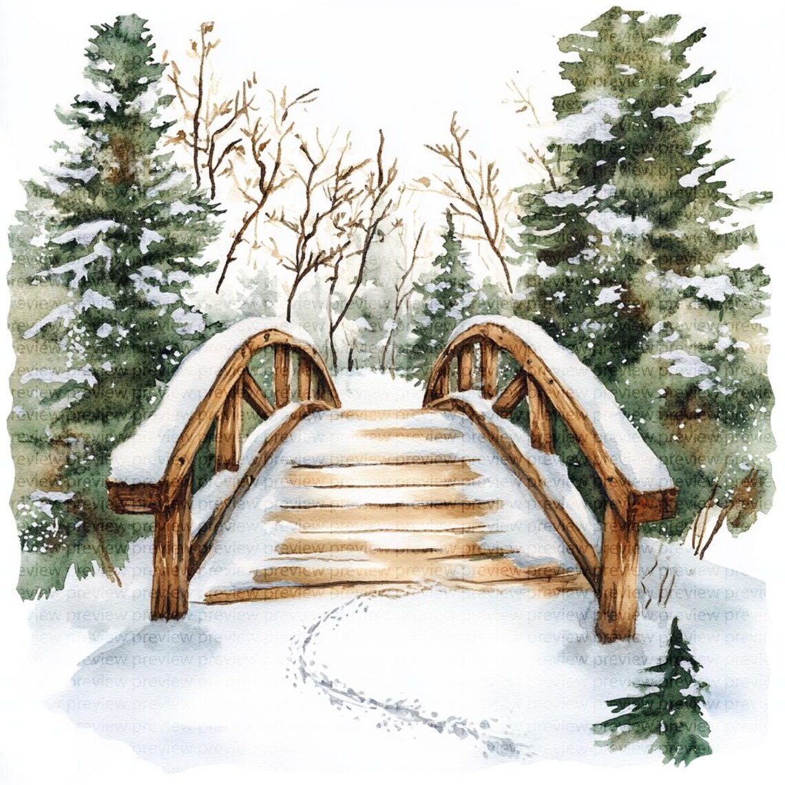 Watercolor Winter Bridge Clipart: Snow Scene (12 Jpgs, Digital Download ...