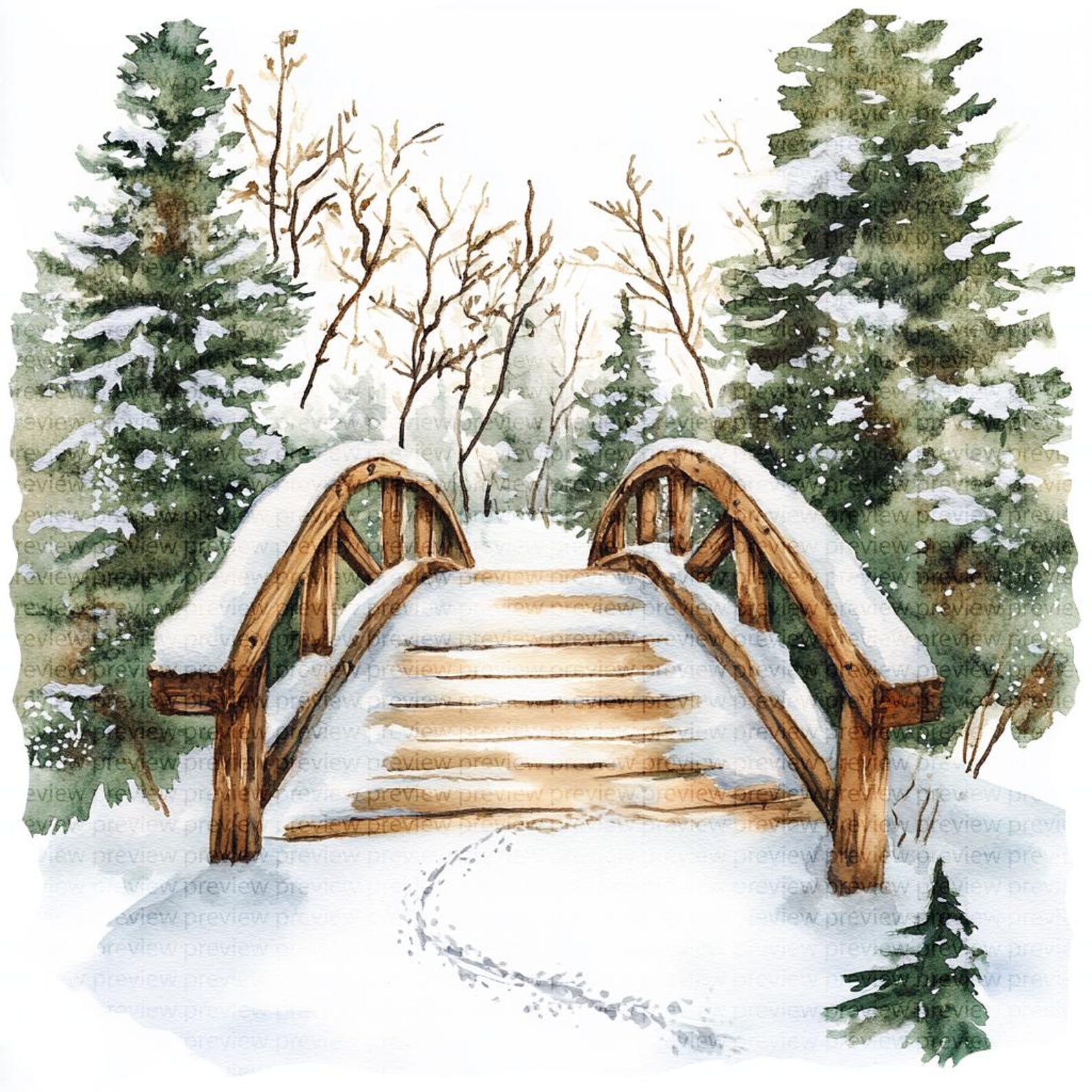 Watercolor Snow-covered Bridge Clipart 16 High Resolution Jpgs for ...