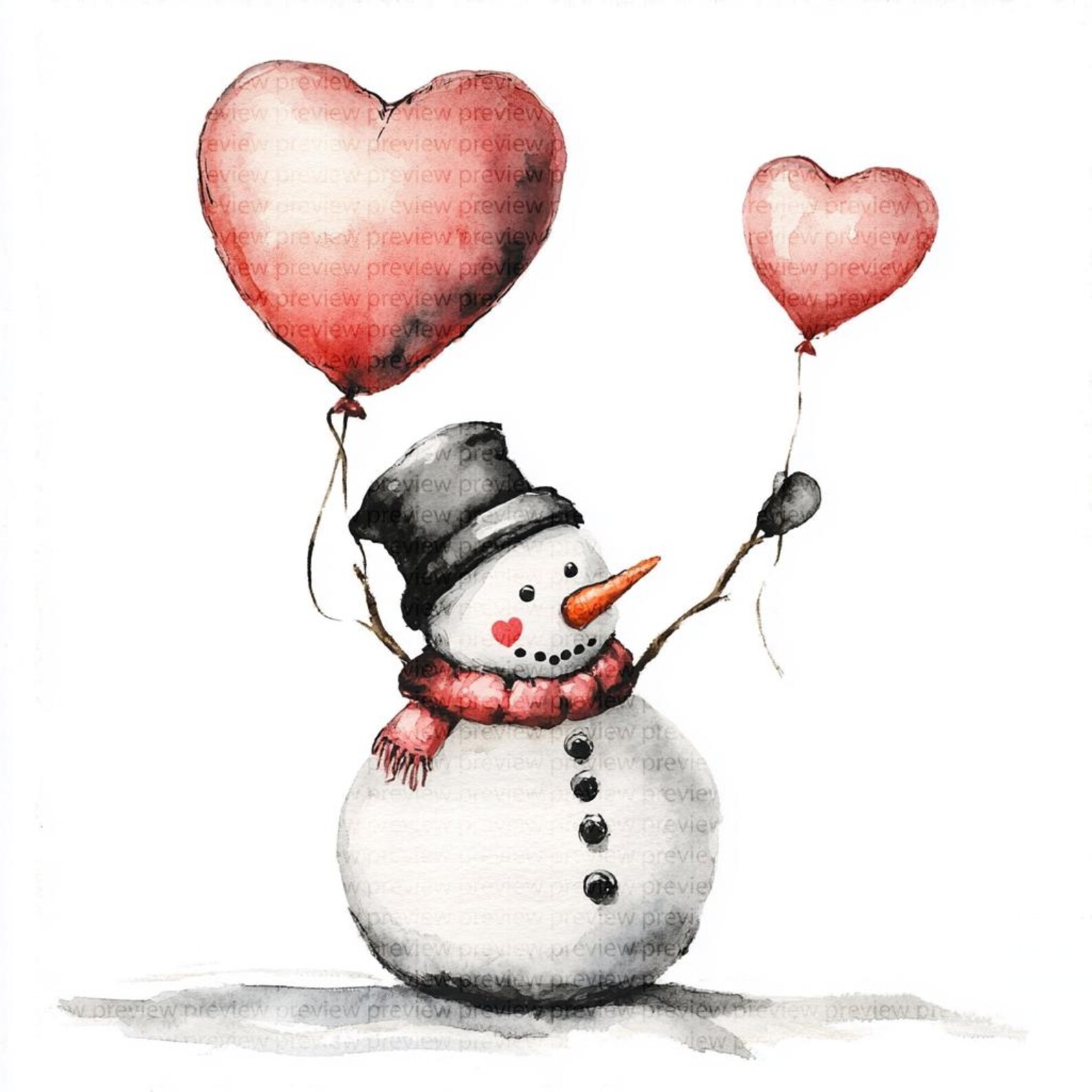 Snowman With Heart Balloon Clipart: Watercolor Winter Scene (jpgs ...