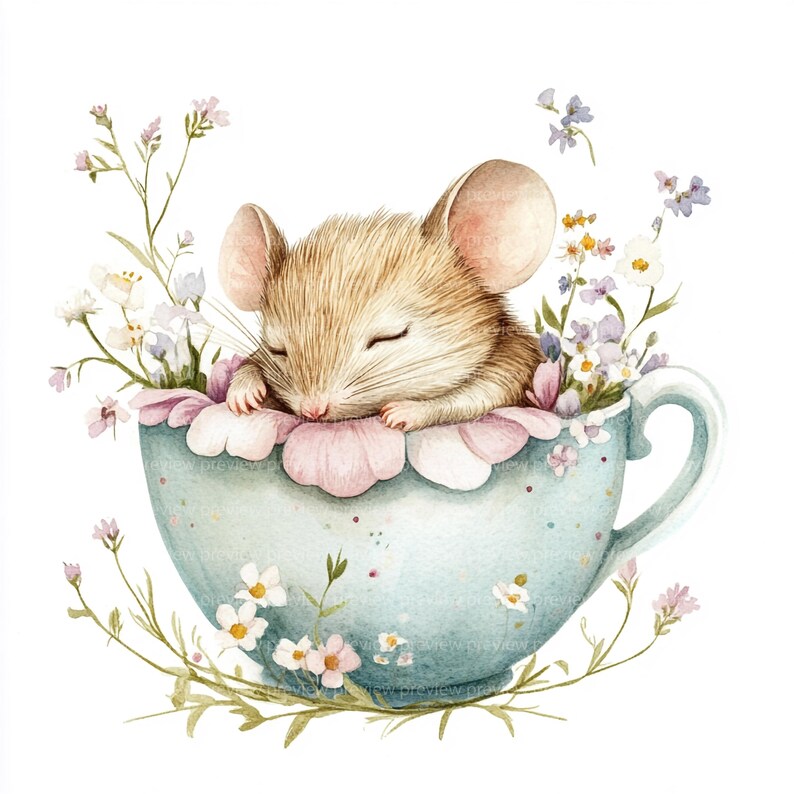12 Cute Mouse in Teacup Clipart, Flower Tea Cup, Floral Mouse, Sleeping ...