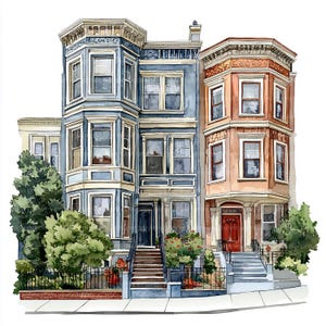 12 Victorian Townhouses Clipart, City Street House Watercolor Clipart ...