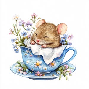 12 Cute Mouse in Teacup Clipart, Flower Tea Cup, Floral Mouse, Sleeping ...