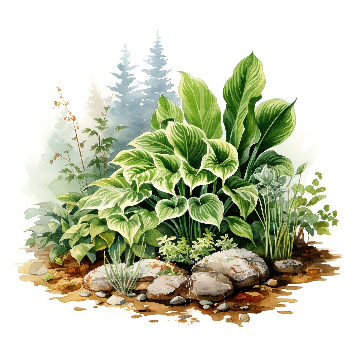 12 Hostas Garden Clipart, Garden Watercolor, Flowers Clipart, High ...