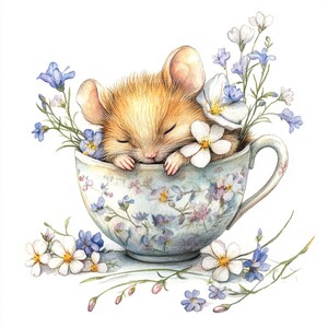 12 Cute Mouse in Teacup Clipart, Flower Tea Cup, Floral Mouse, Sleeping ...