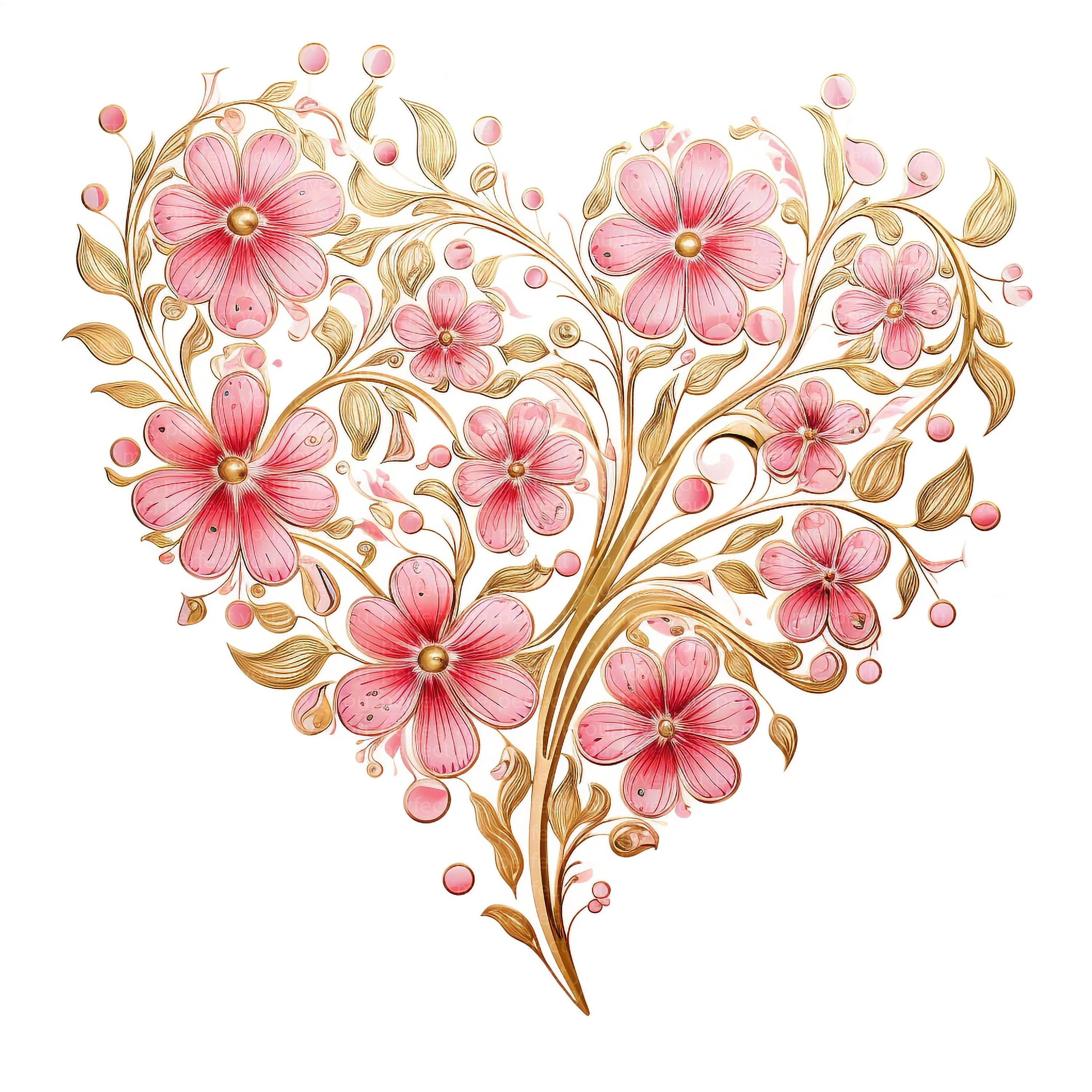 12 Floral Heart Clipart, Pink Flowers Clipart, Flowers Clipart, High ...
