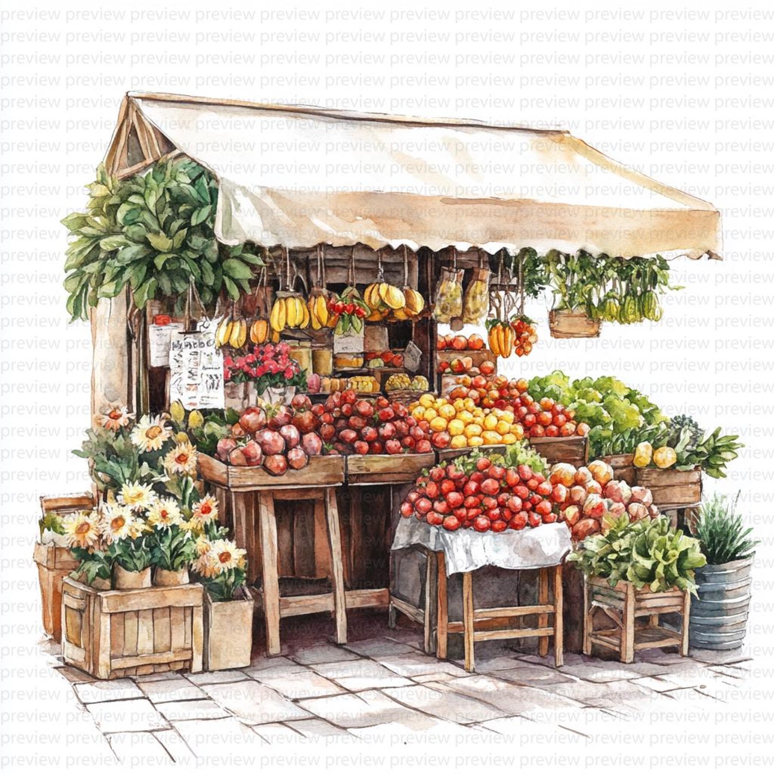 Farmers Market Watercolor Clipart: Grocery Art (12 Jpgs, Digital ...