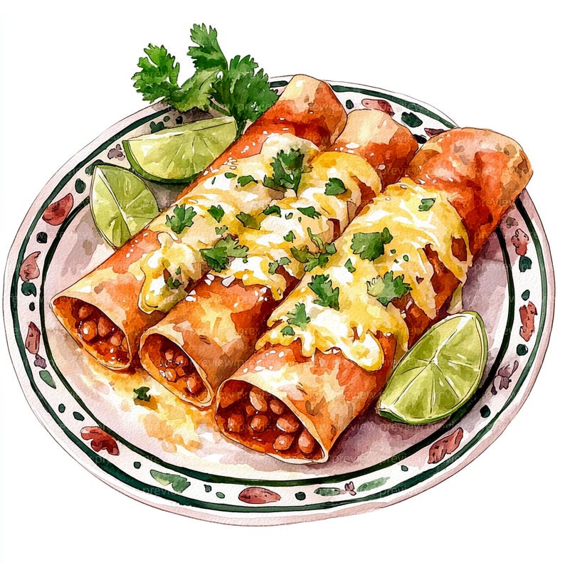 12 Watercolor Chicken Enchiladas Clipart, Mexican Food, Fiesta Dinner ...