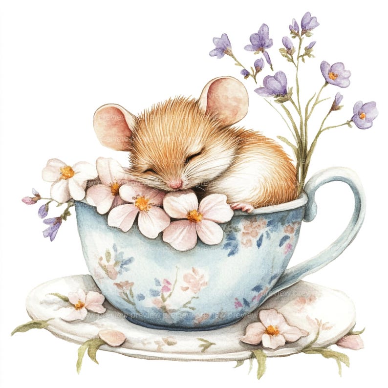 12 Cute Mouse in Teacup Clipart, Flower Tea Cup, Floral Mouse, Sleeping ...