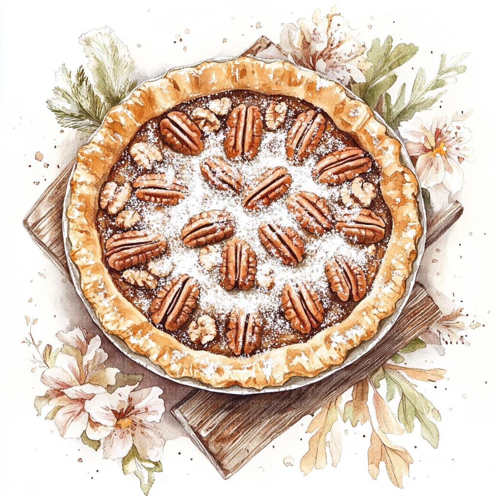 Watercolor Pecan Pie Clipart | 15 High Resolution Jpgs for Recipe Cards ...