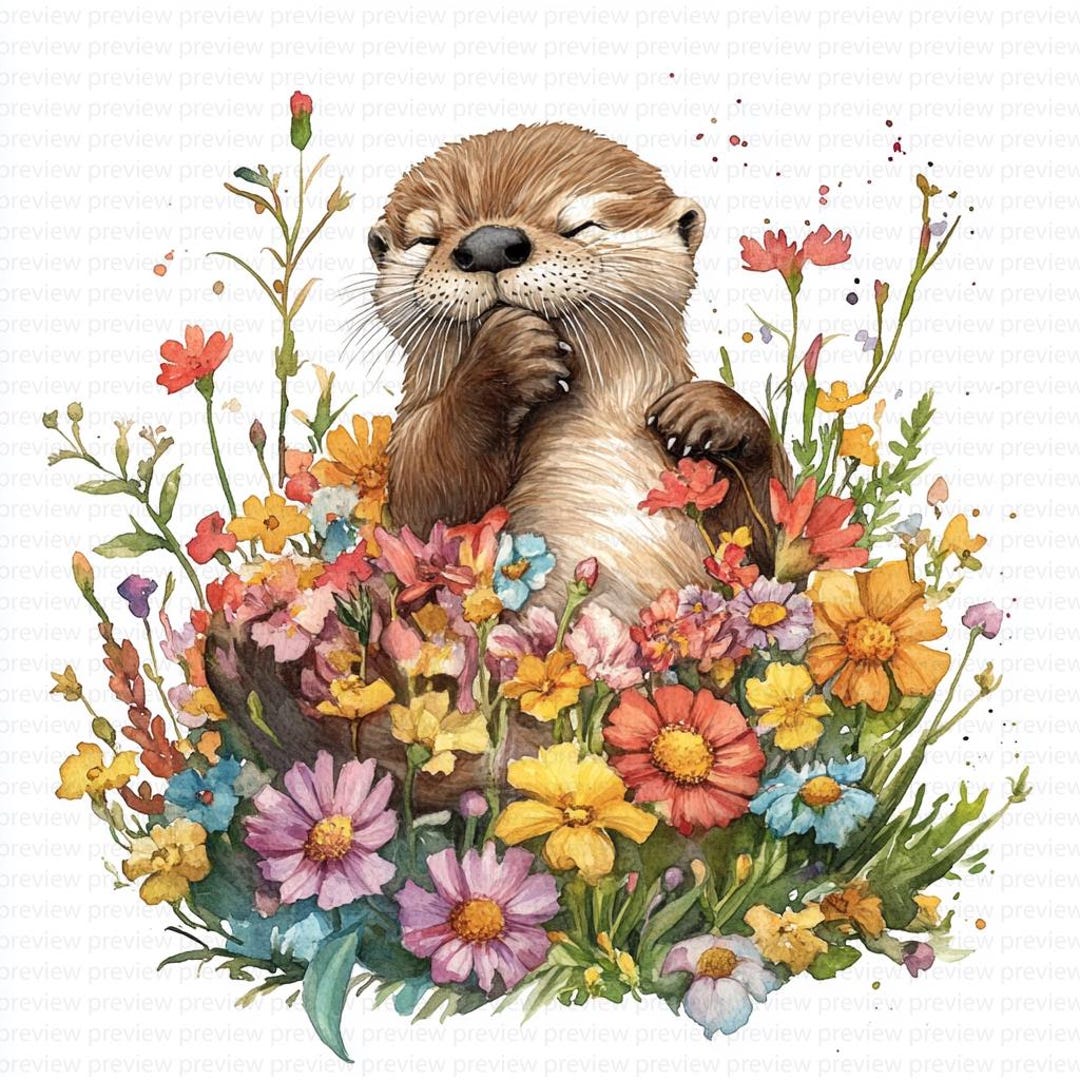 16 Watercolor Floral Otter Clipart | Cute Otter Watercolor Clipart for ...