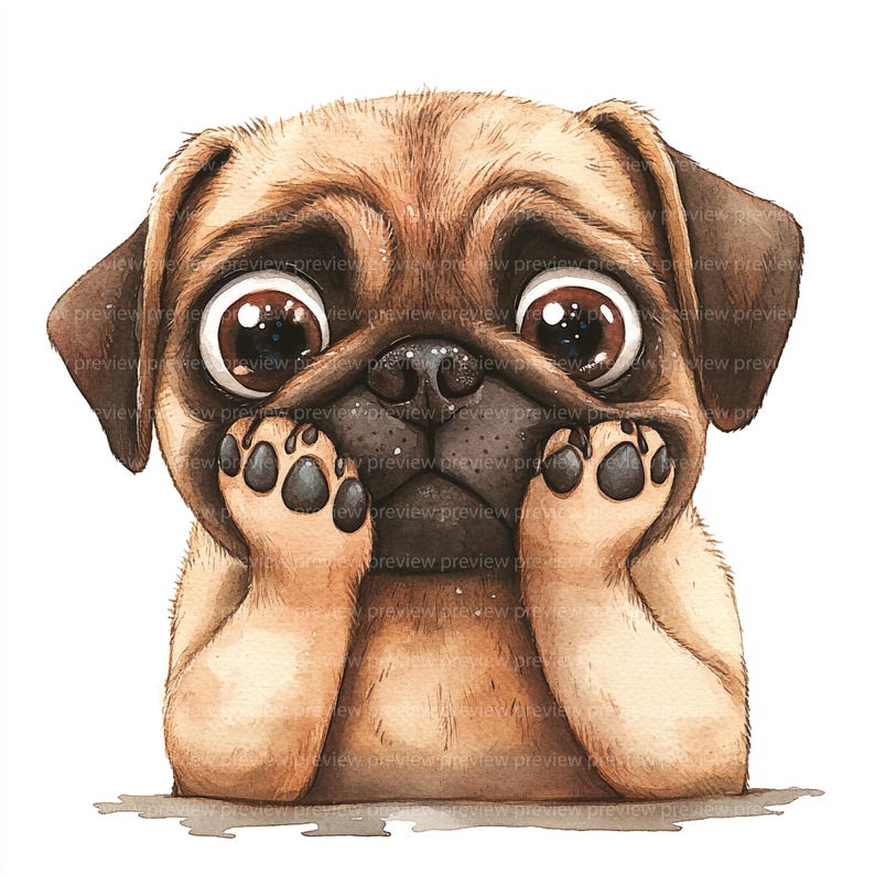 20 Funny Pug Dog Clipart | Watercolor Playful Animal | Humorous Canine ...