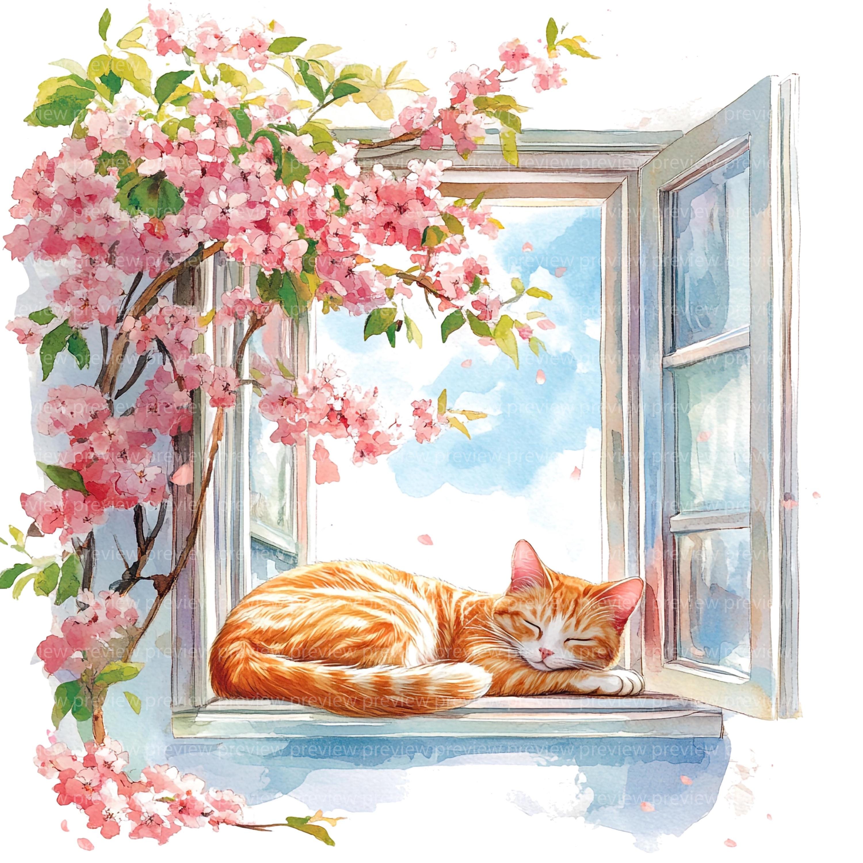 20 Spring Window Cat Clipart JPG | Kitten Window Scene Art | Watercolor ...