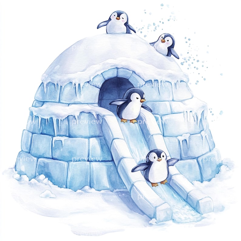 20 Watercolor Igloo Clipart, Cute Penguin Clipart | Watercolor Clipart ...
