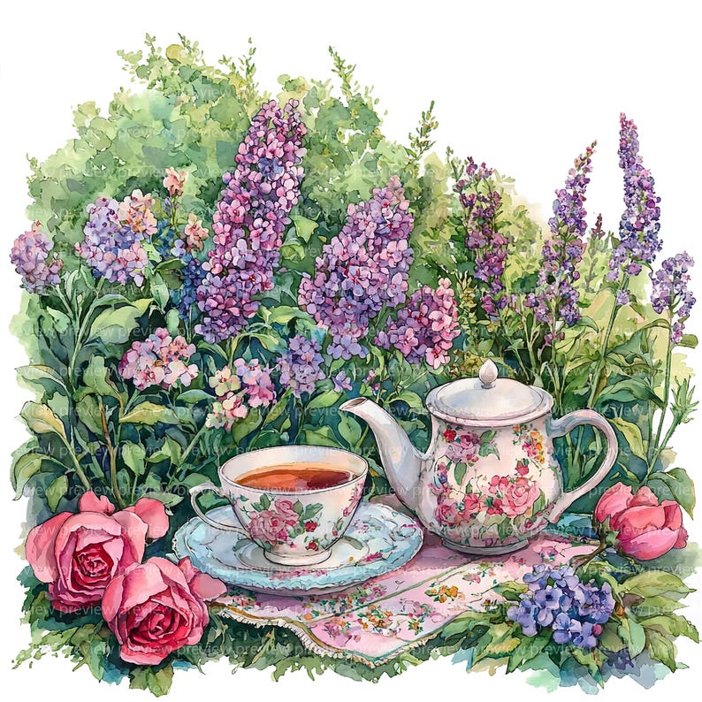12 Garden Tea Party Clipart | Vintage Teapot Watercolor Art | Floral ...