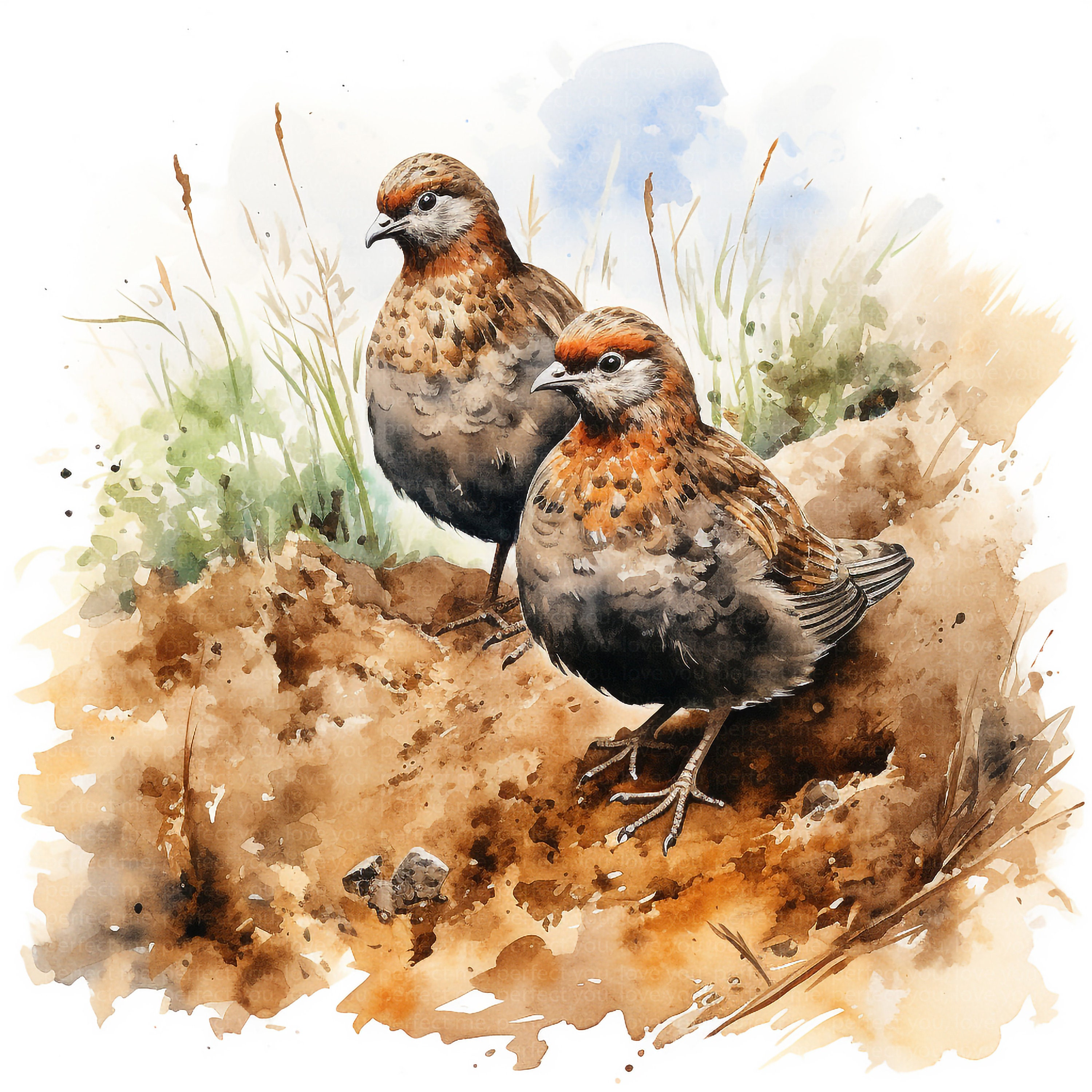 12 Quails on Ground Clipart, Watercolor Quails Clipart, High Resolution ...