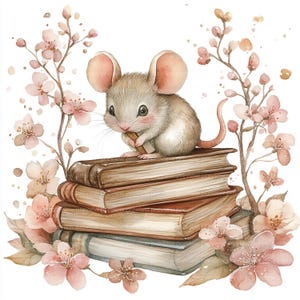 12 Mouse With Books Clipart, Floral Book Clipart, Watercolor Clipart ...