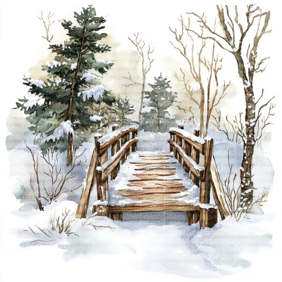 Watercolor Winter Bridge Clipart: Snow Scene (12 Jpgs, Digital Download ...