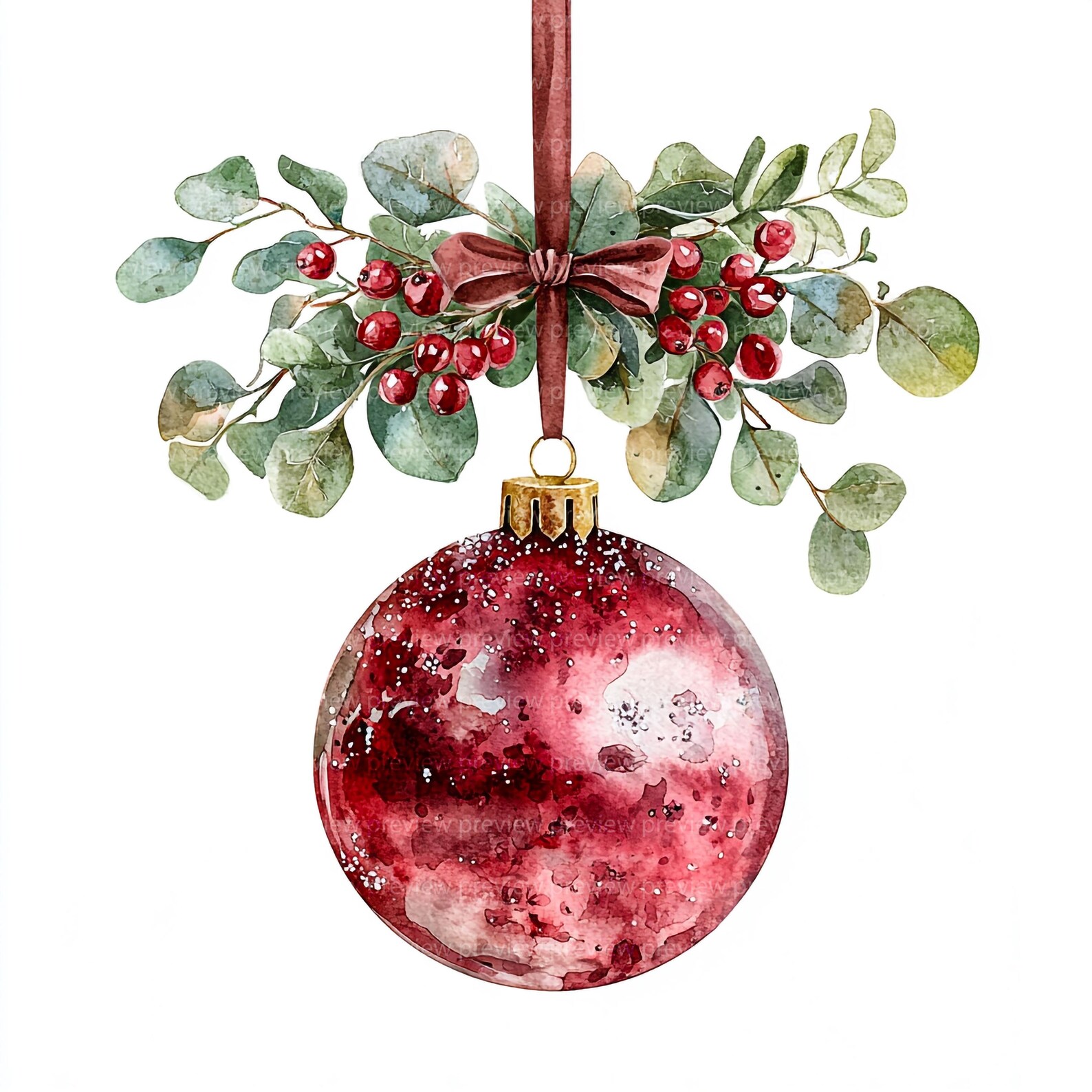 16 Watercolor Red Christmas Ornament Clipart | Festive Sphere Ribbon ...