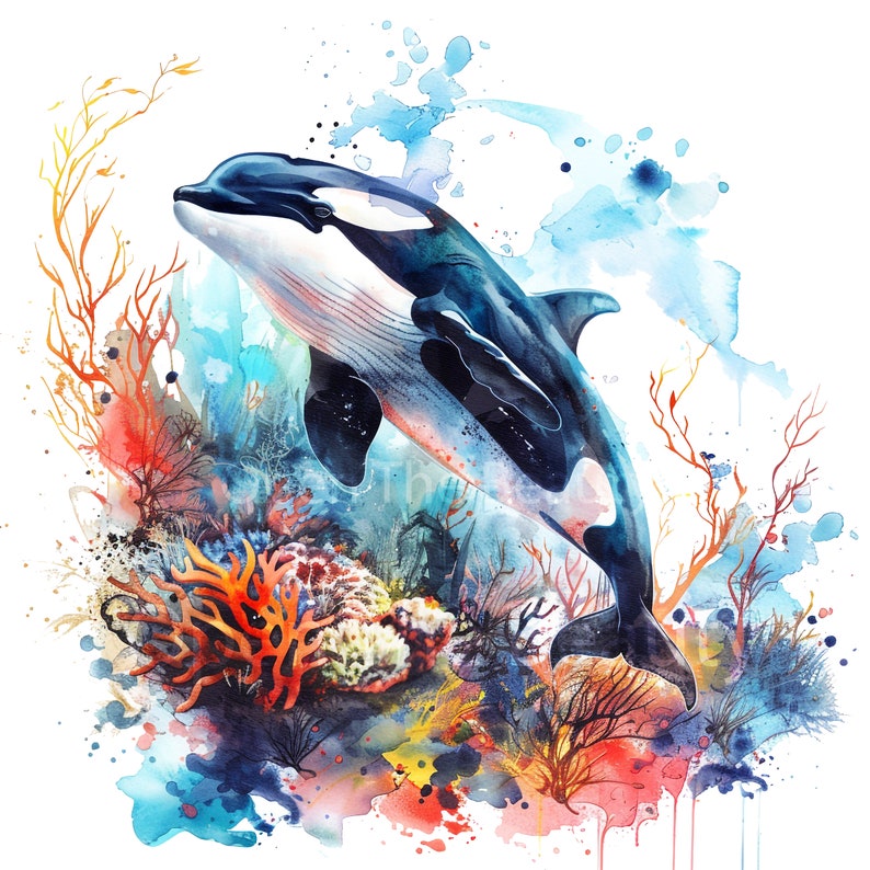 13 Killer Whale Clipart | Orca Ocean Watercolor Art | Majestic Marine ...